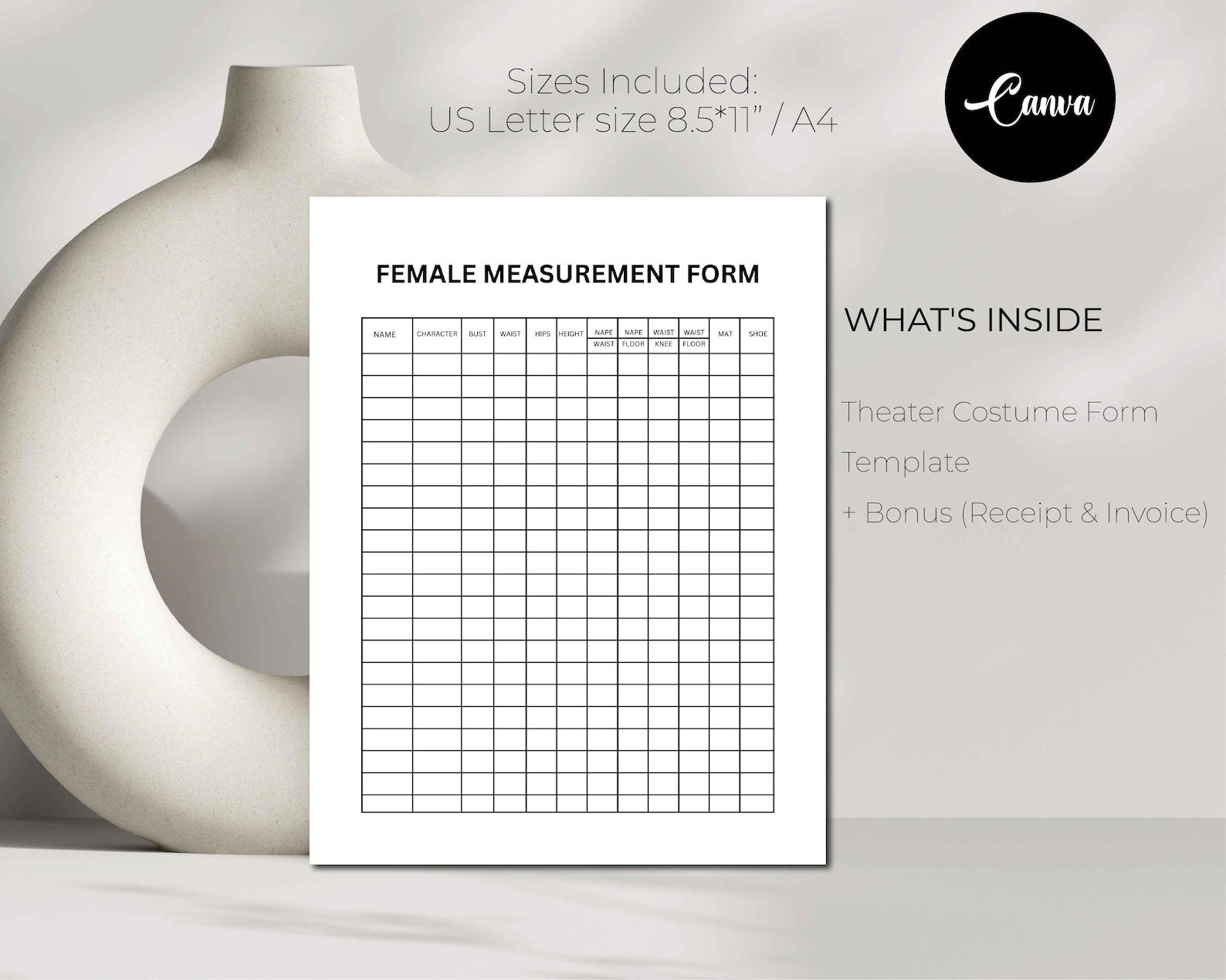 Printable Theatre Costume Measurement Form, Body Size Chart Printable ...