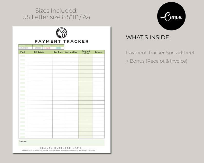 Payment Tracker Canva Template, Printable Client Payment History ...