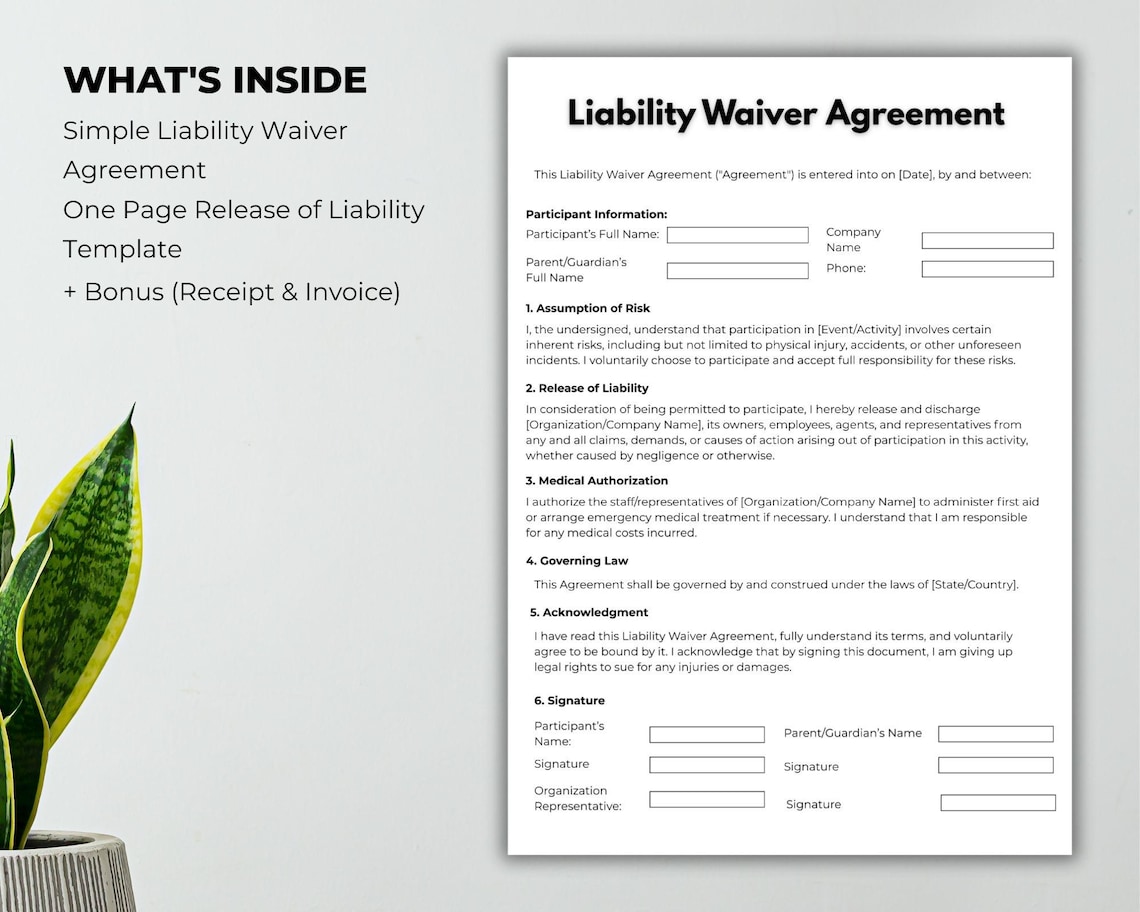 Simple Liability Waiver Agreement, One Page Release of Liability Form ...