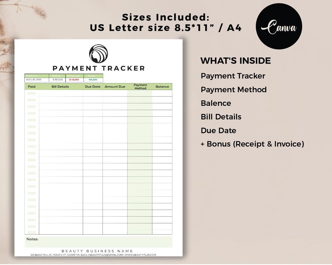 Payment Tracker Canva Template, Client Fee Payment Tracker, Printable ...