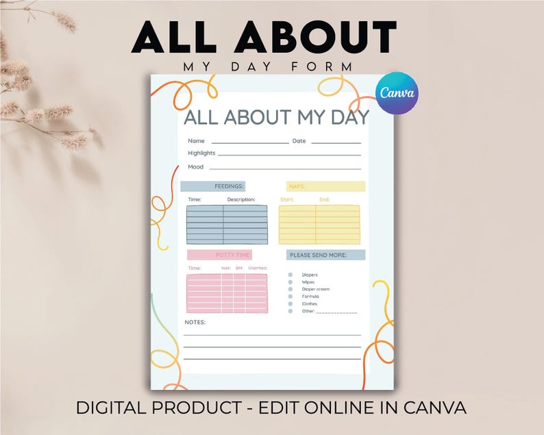 All About My Day Sheet, Daycare Daily Report ,nanny Log, Home Day Care ...