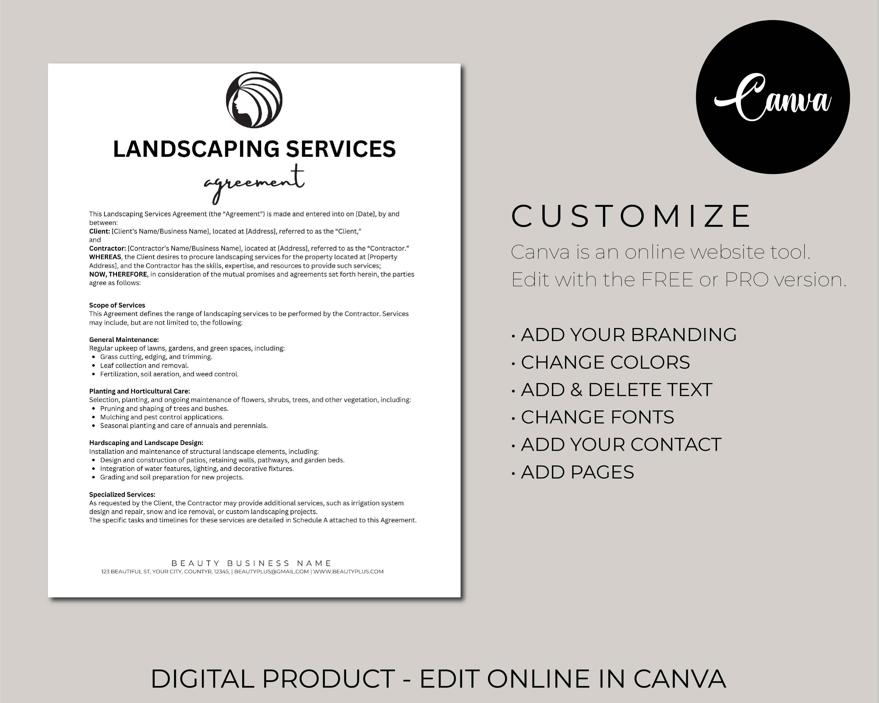 Editable Landscaping Contract Template, Lawn Care Contract, Garden Care ...