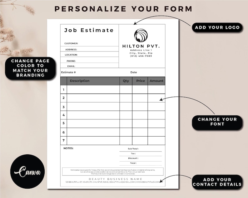 Job Estimate Template, Work Estimate Form, Editable Construction Bid ...