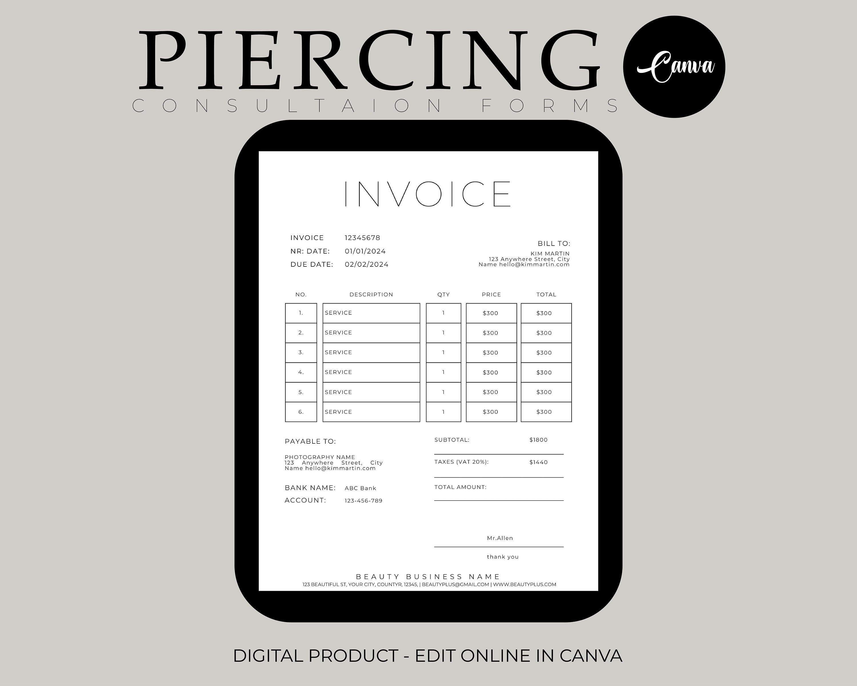 Body Piercing Consent Form, Ody Modification, DIY Editable Canva ...