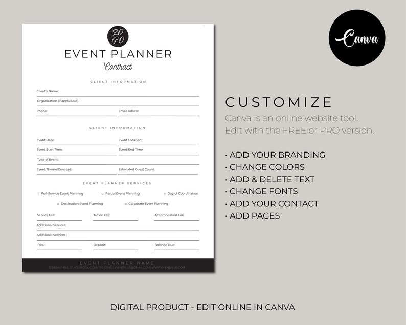 Editable Event Planner Contract Template, Canva Template, Event ...