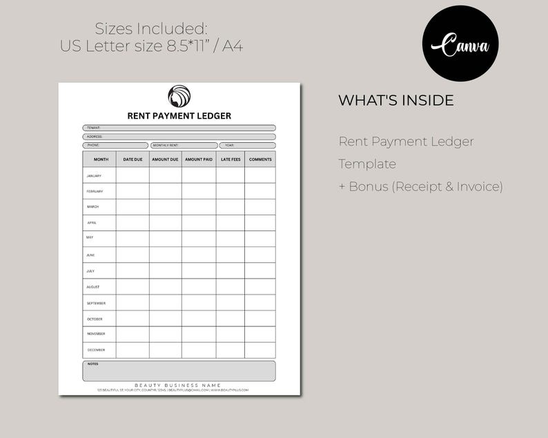 Editable Rent Payment Ledger Template, Canva Rent Payment Tracker ...
