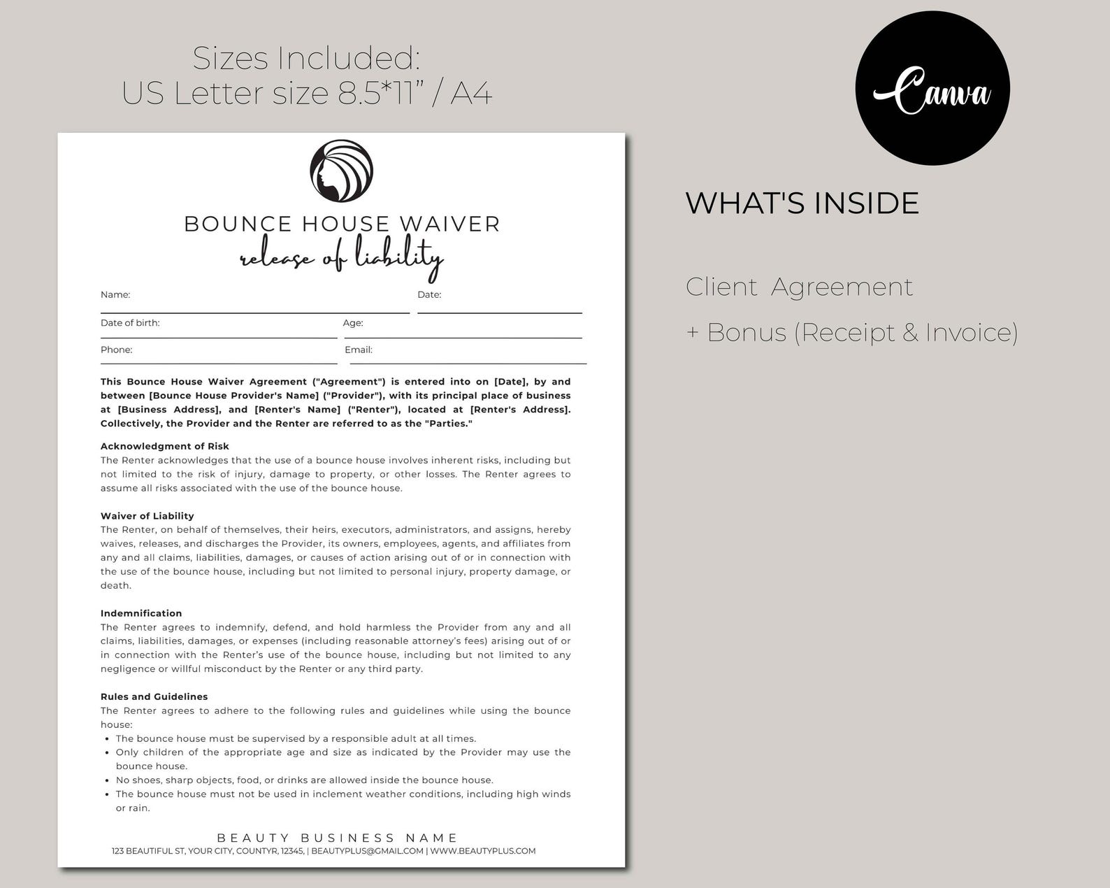 Bounce House Waiver Forms, Editable and Printable, Release of Liability ...