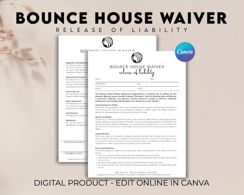 Bounce House Waiver Forms, Bounce House Rental Contract, Release of Liability Template ...