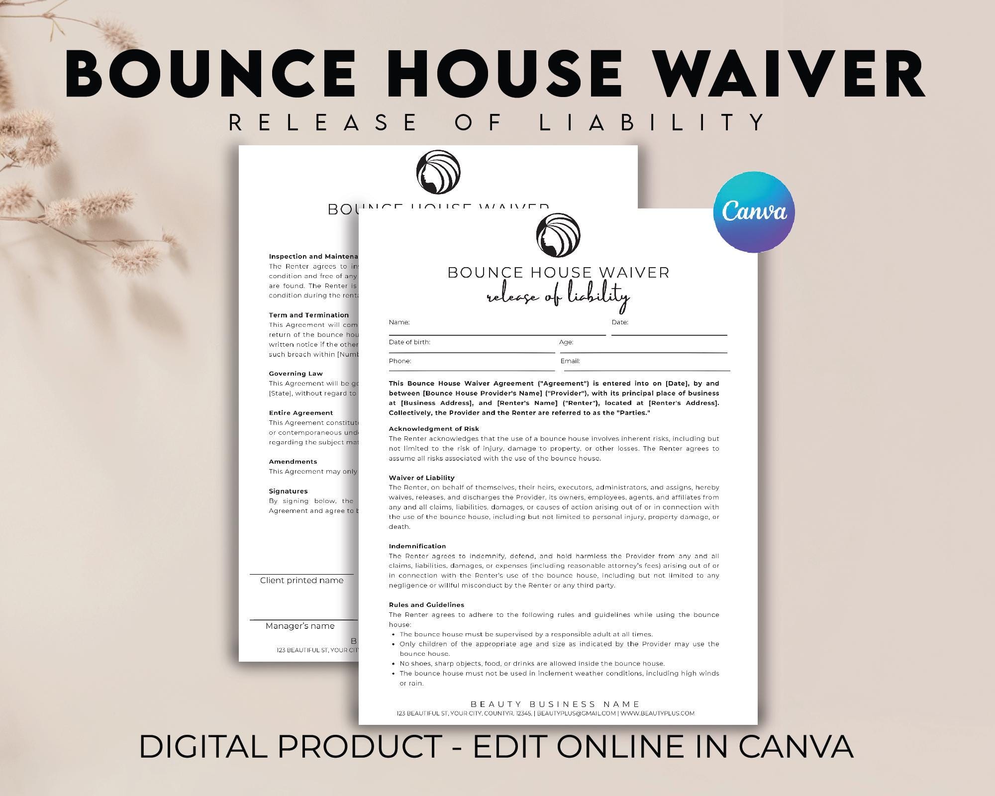 Bounce House Waiver Forms, Bounce House Rental Contract, Release of ...