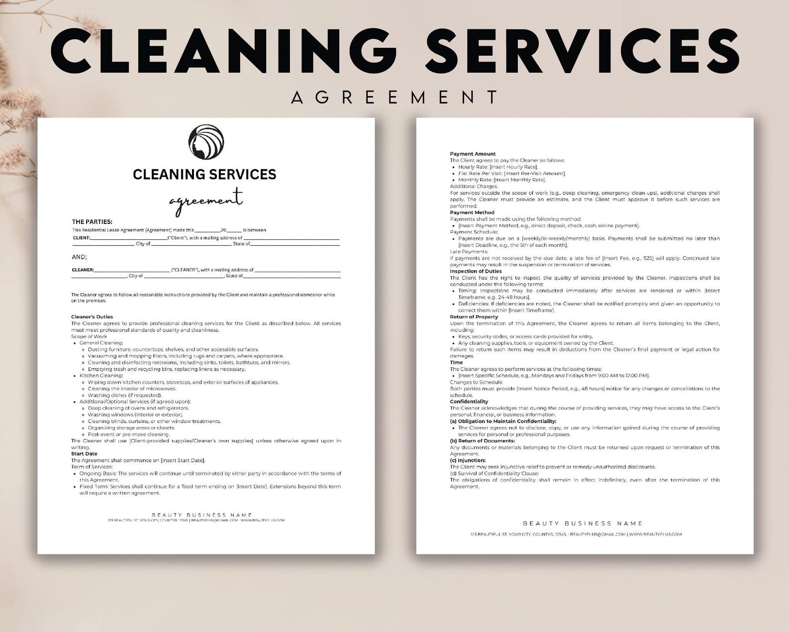 Editable Cleaning Service Agreement, Housekeeper Contract, Cleaning ...