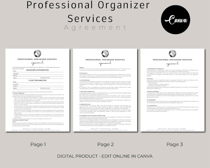 Editable Professional Organizer Contract Template, Organizing Service ...