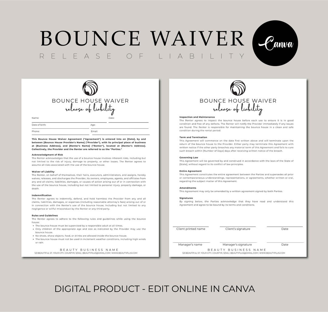 Bounce House Waiver Forms, Editable and Printable, Release of Liability ...