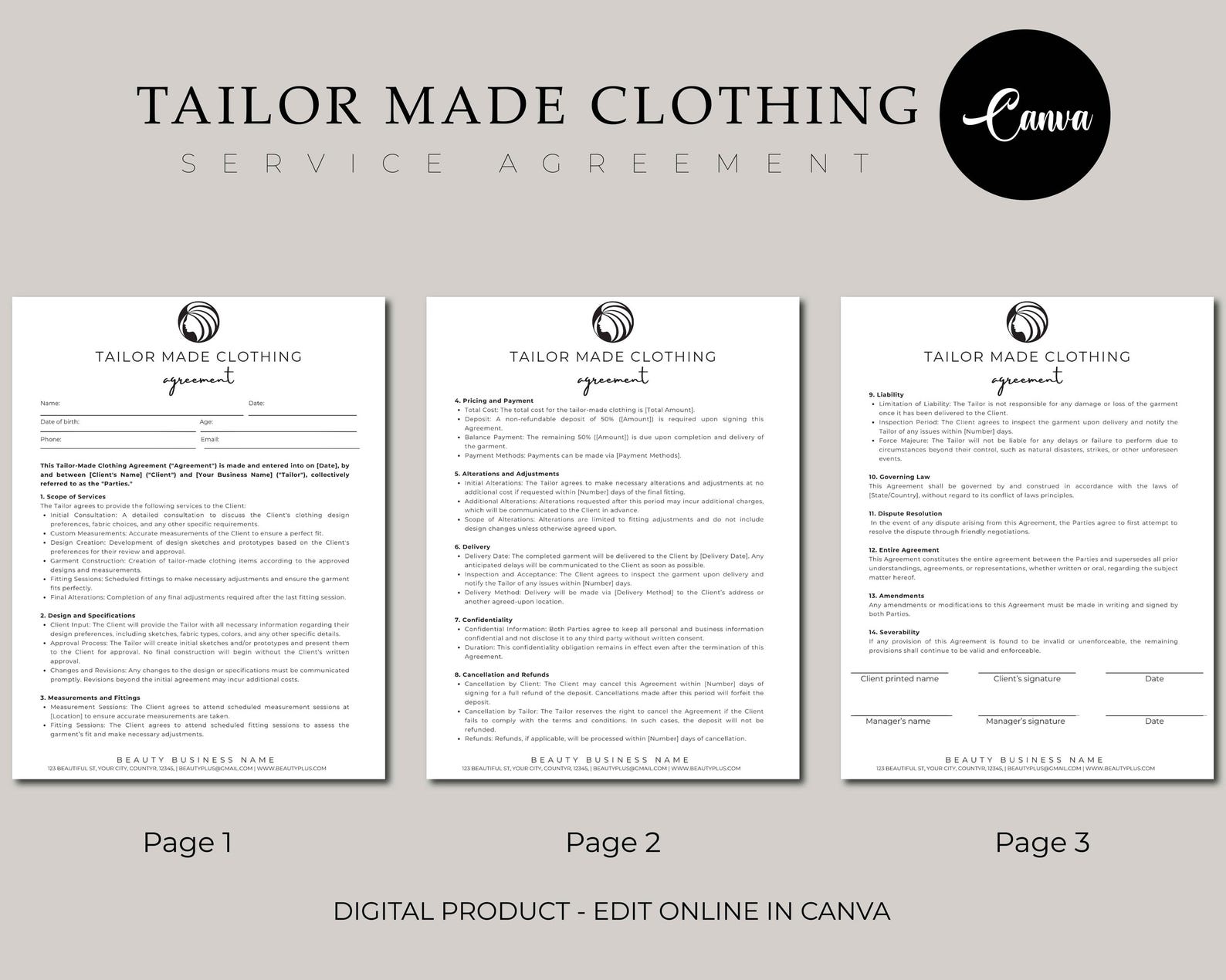 Tailor Made Clothing Agreement, Custom Garment Contract, Tailor Invoice ...