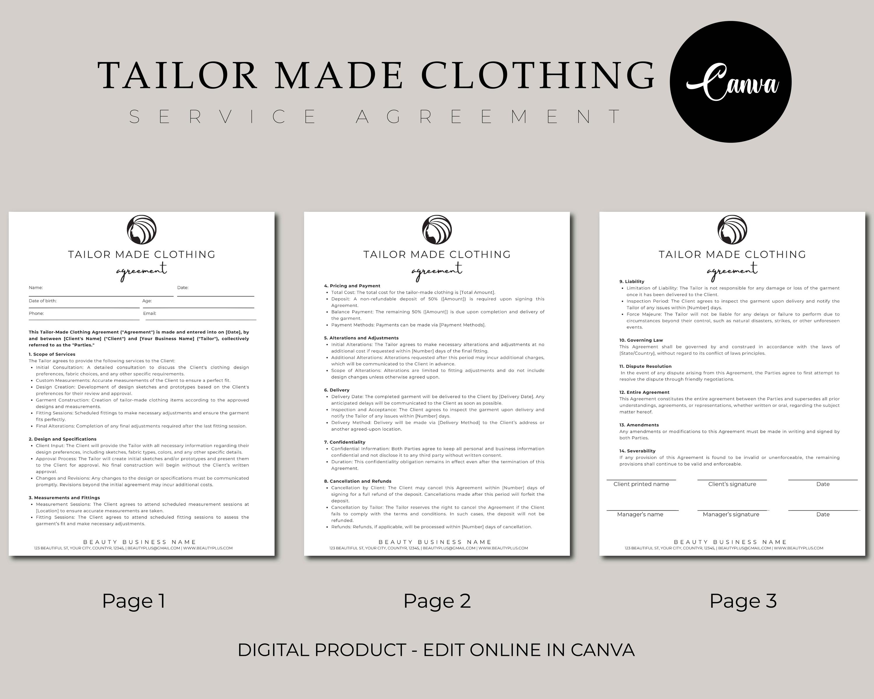 Tailor Made Clothing Agreement, Custom Garment Contract, Tailor Invoice ...