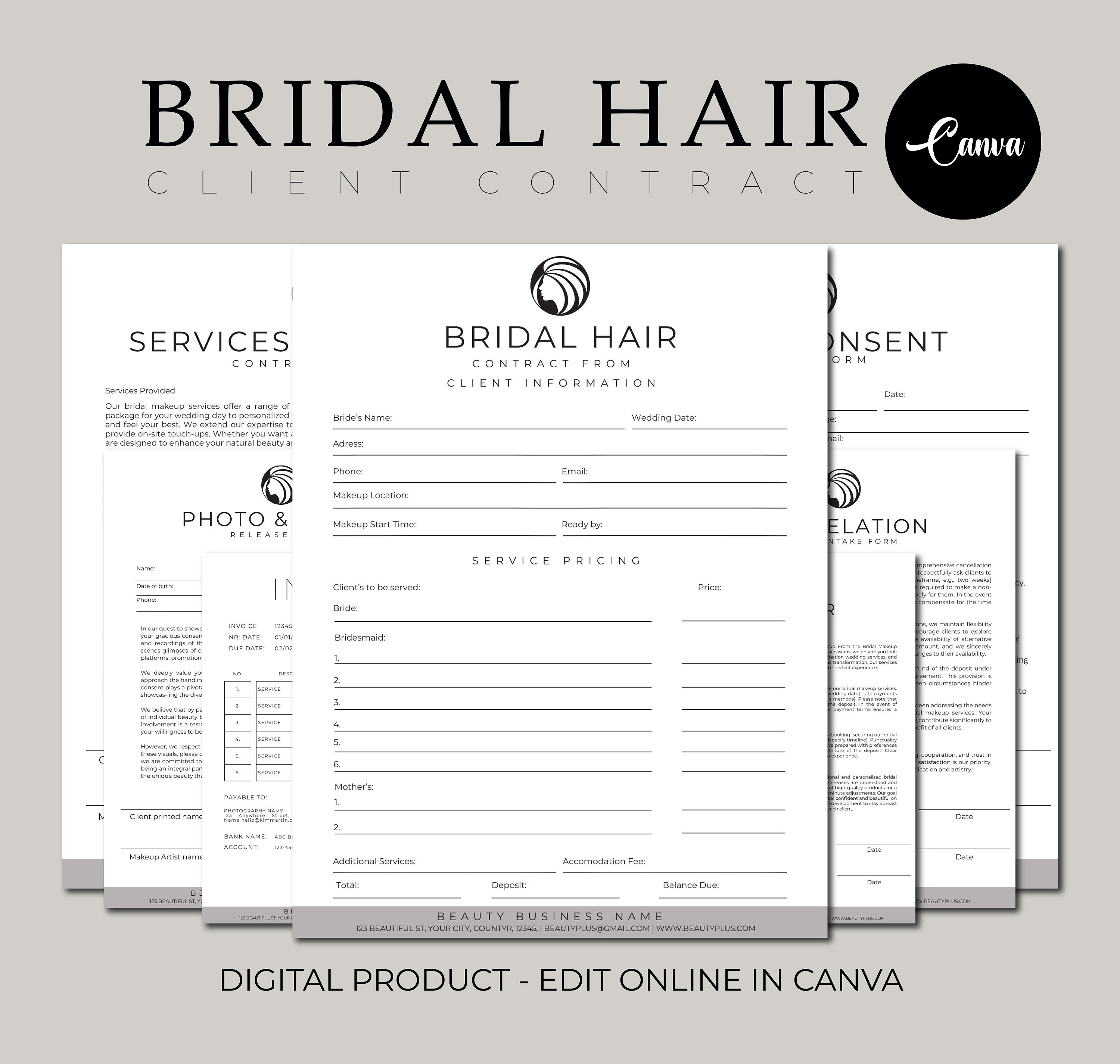 Bridal Makeup Artist Contract, Wedding Hair and Makeup Forms, Bridal ...