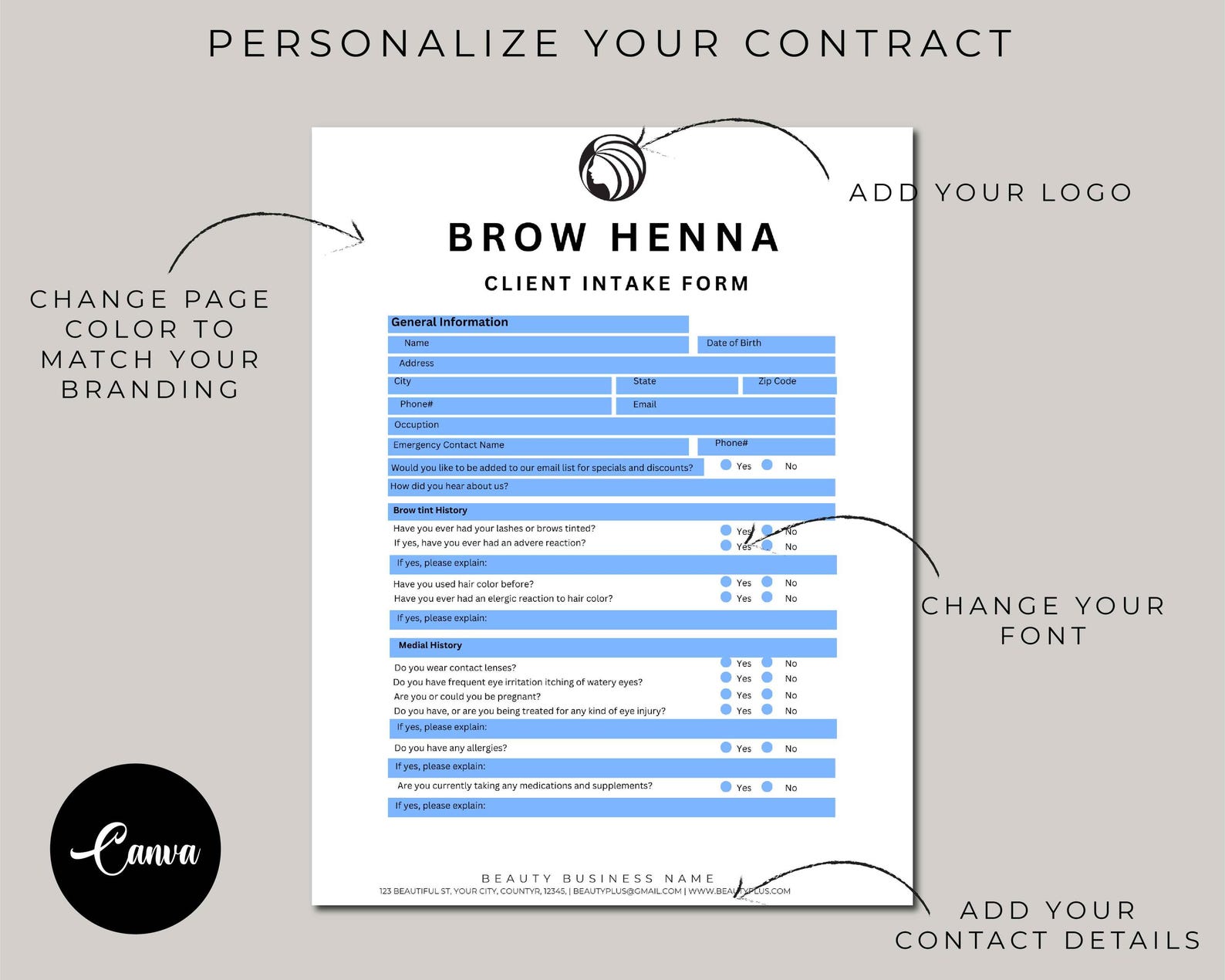 Editable Henna Brow Consent Form Template, Henna Brow Tint Intake Form ...