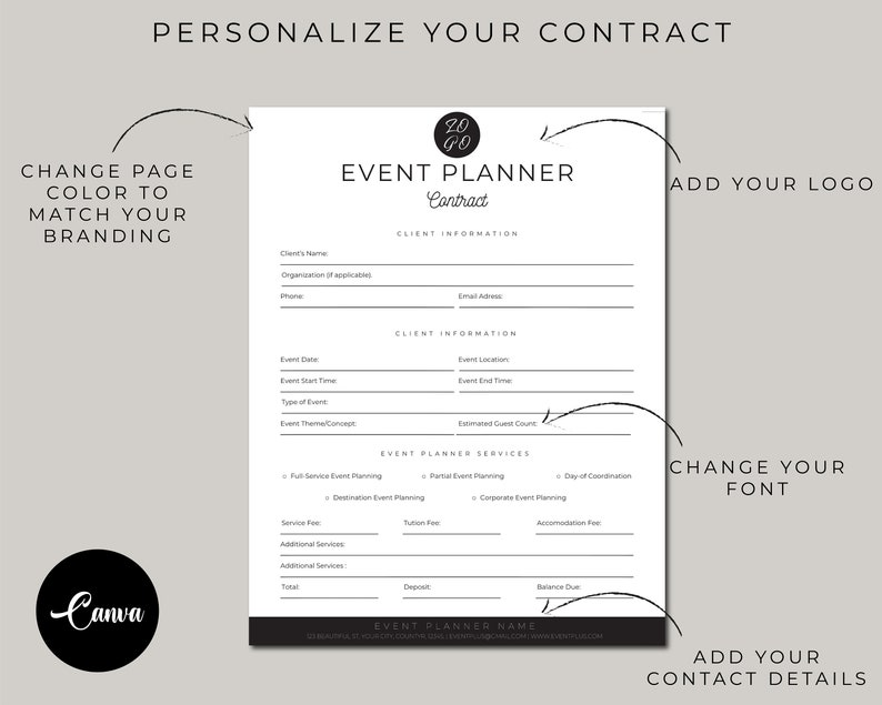 Editable Event Planner Contract Template, Canva Template, Event ...