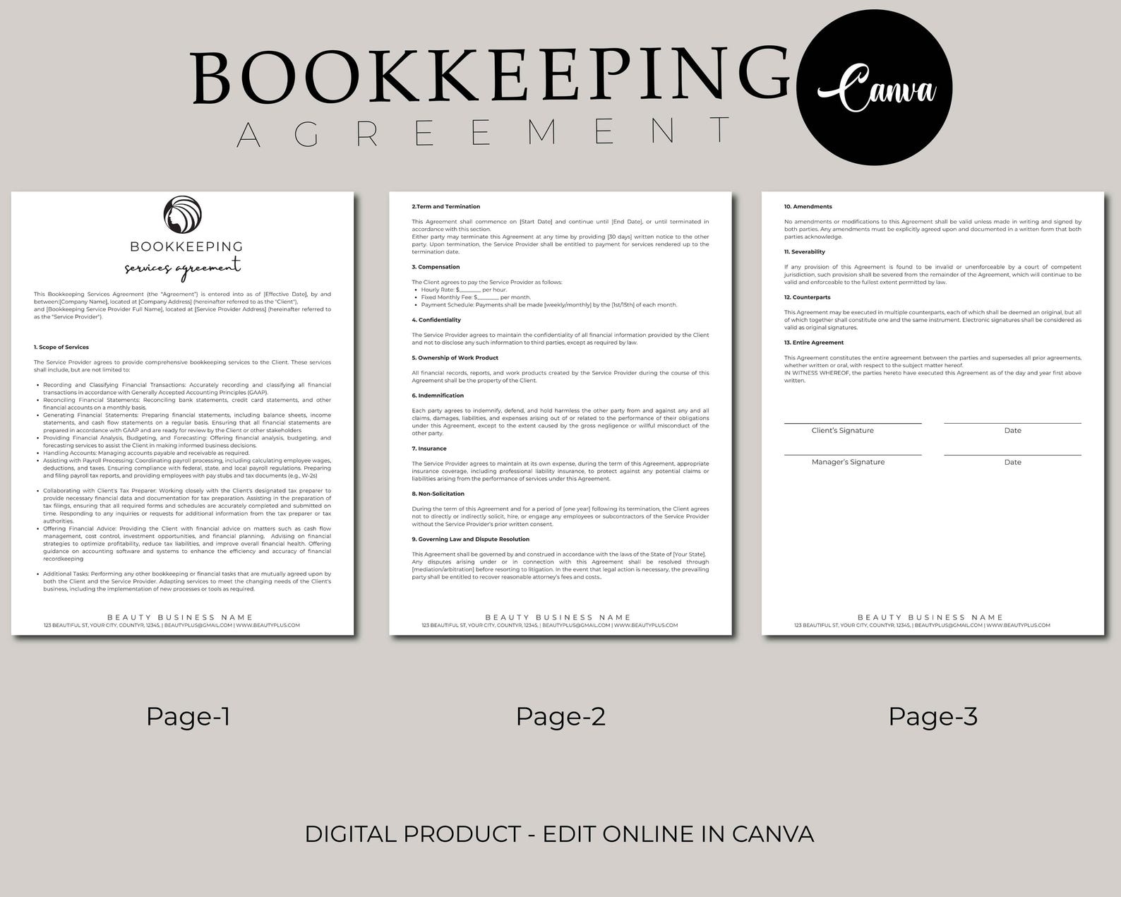 Bookkeeping Service Contract, Expense Tracking/budgeting Editable ...