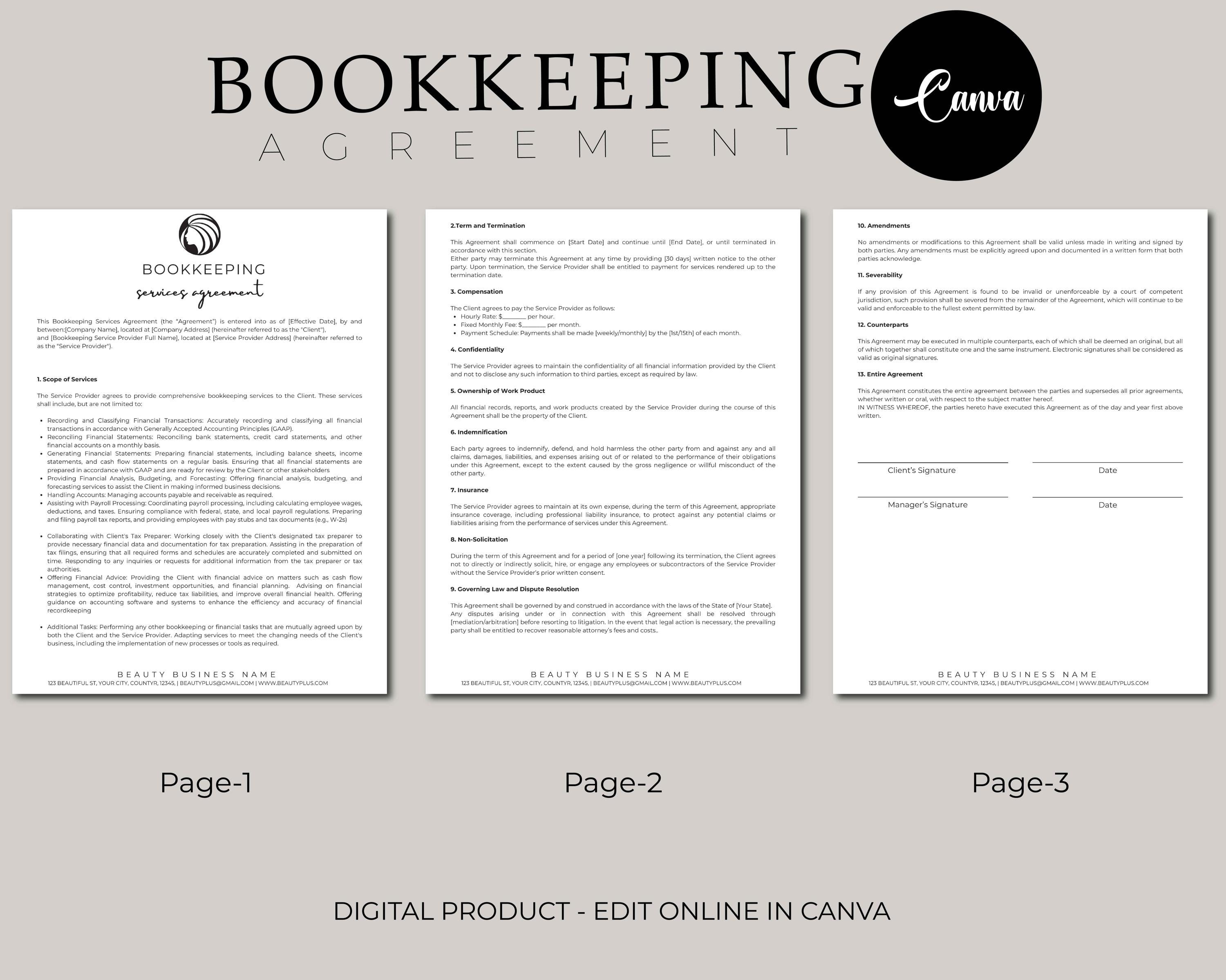 Bookkeeping Service Contract, Expense Tracking/budgeting Editable ...