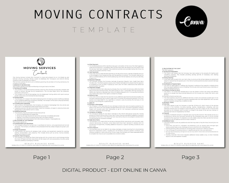 Editable Moving Contracts Template, Moving Services Contract, Canva ...