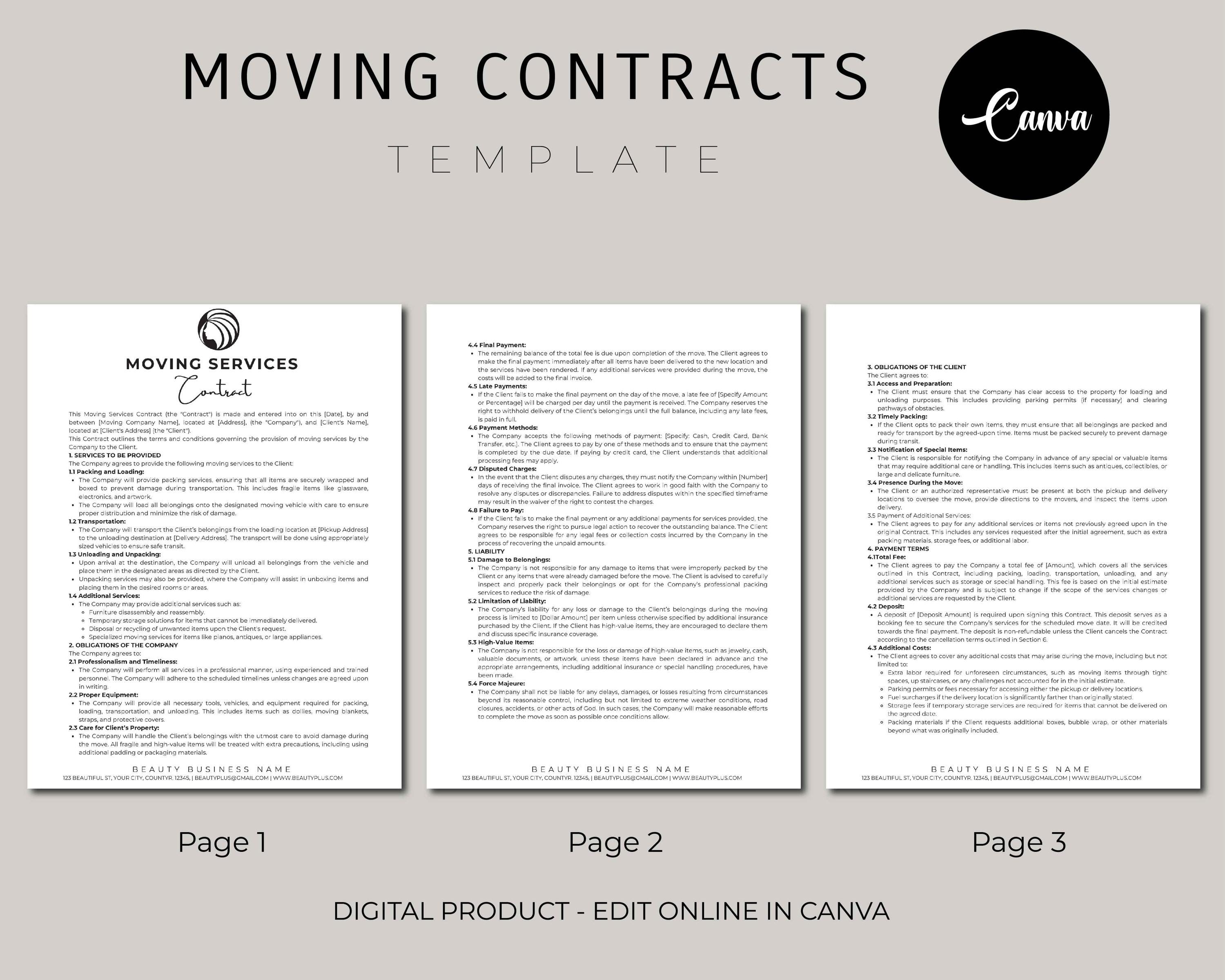 Editable Moving Contracts Template, Moving Services Contract, Canva ...