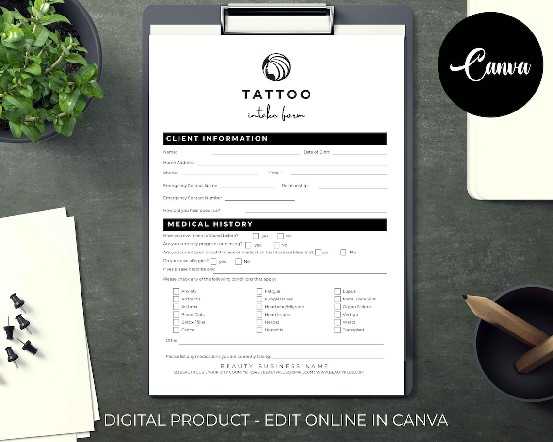 Tattoo Artist Forms Bundle - Editable, Tattoo Artist Business Forms ...