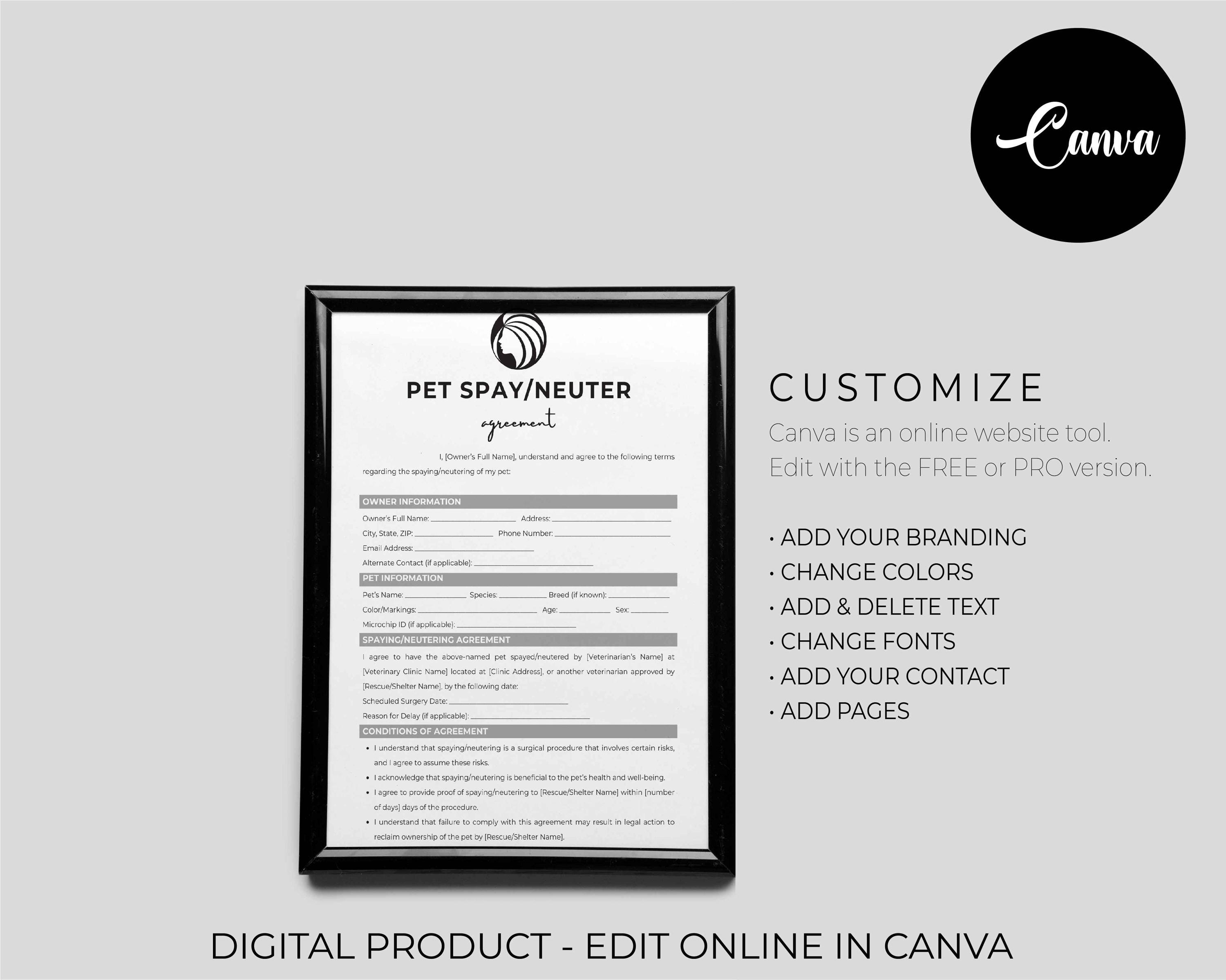 Pet Spay or Neuter Agreement Form, Neuter Agreement Printable Form ...