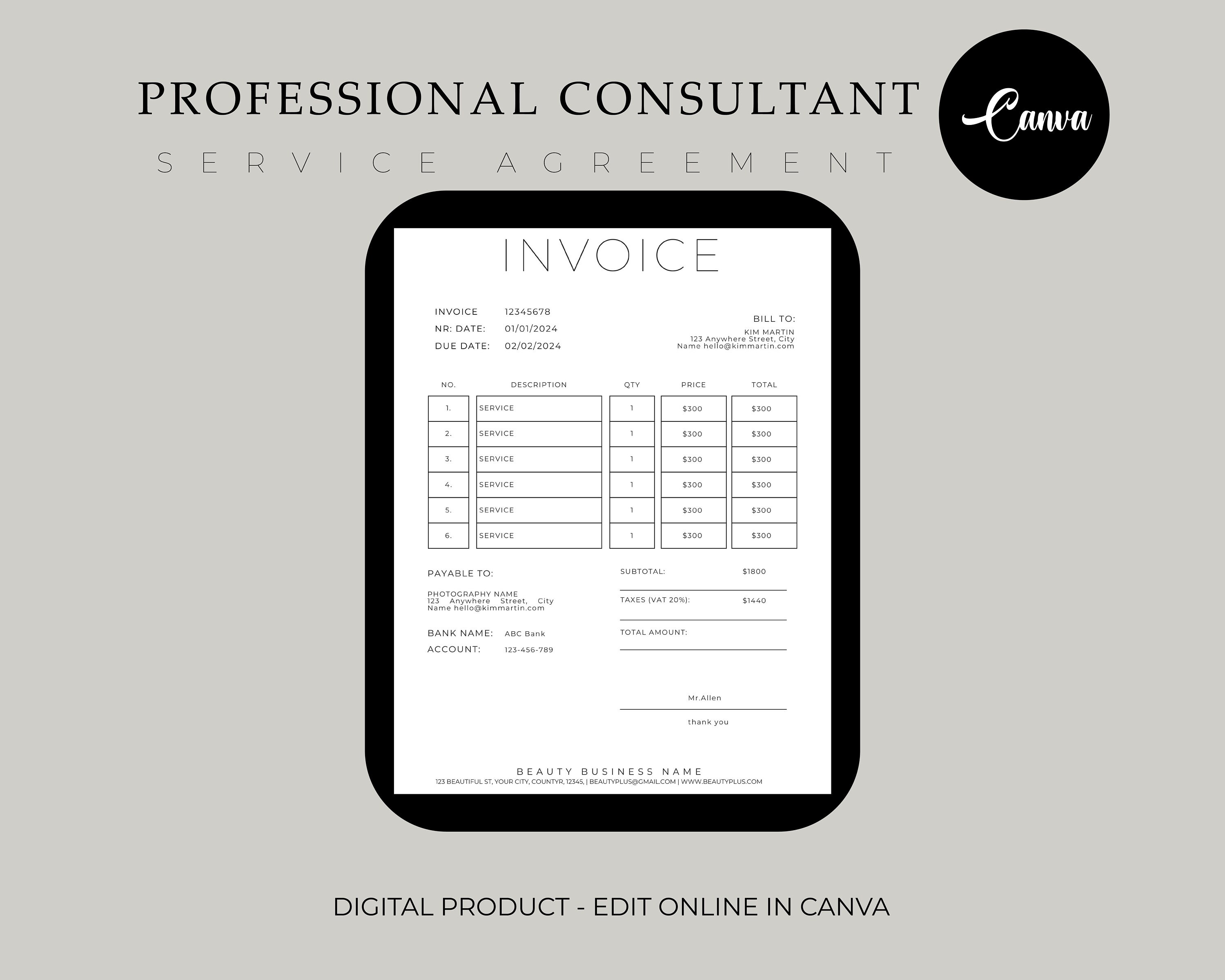 Consulting Contract Agreement Template, Consultancy Invoice, Editable ...