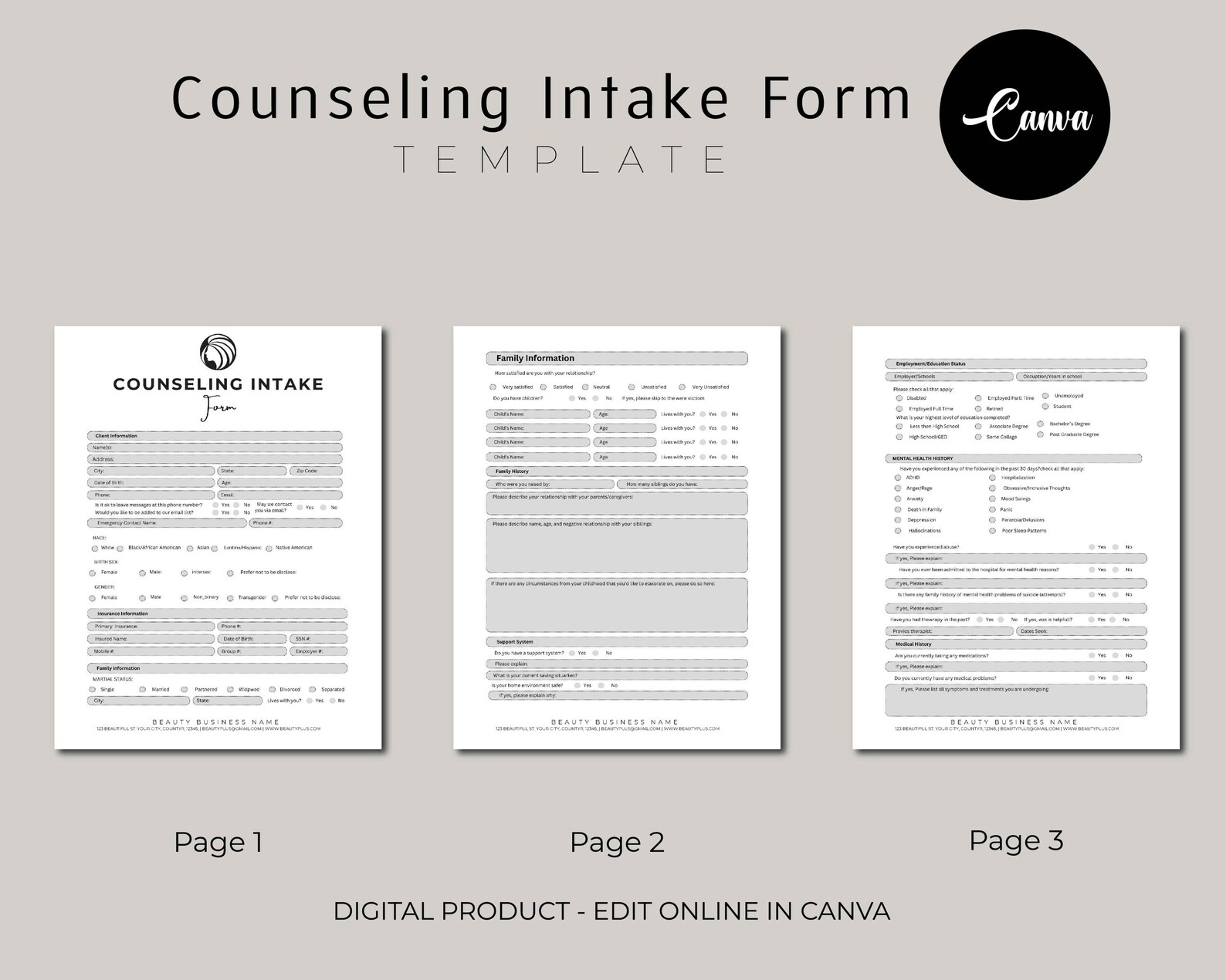 Counseling Intake Form, Mental Health Intake Form Template, Informed ...