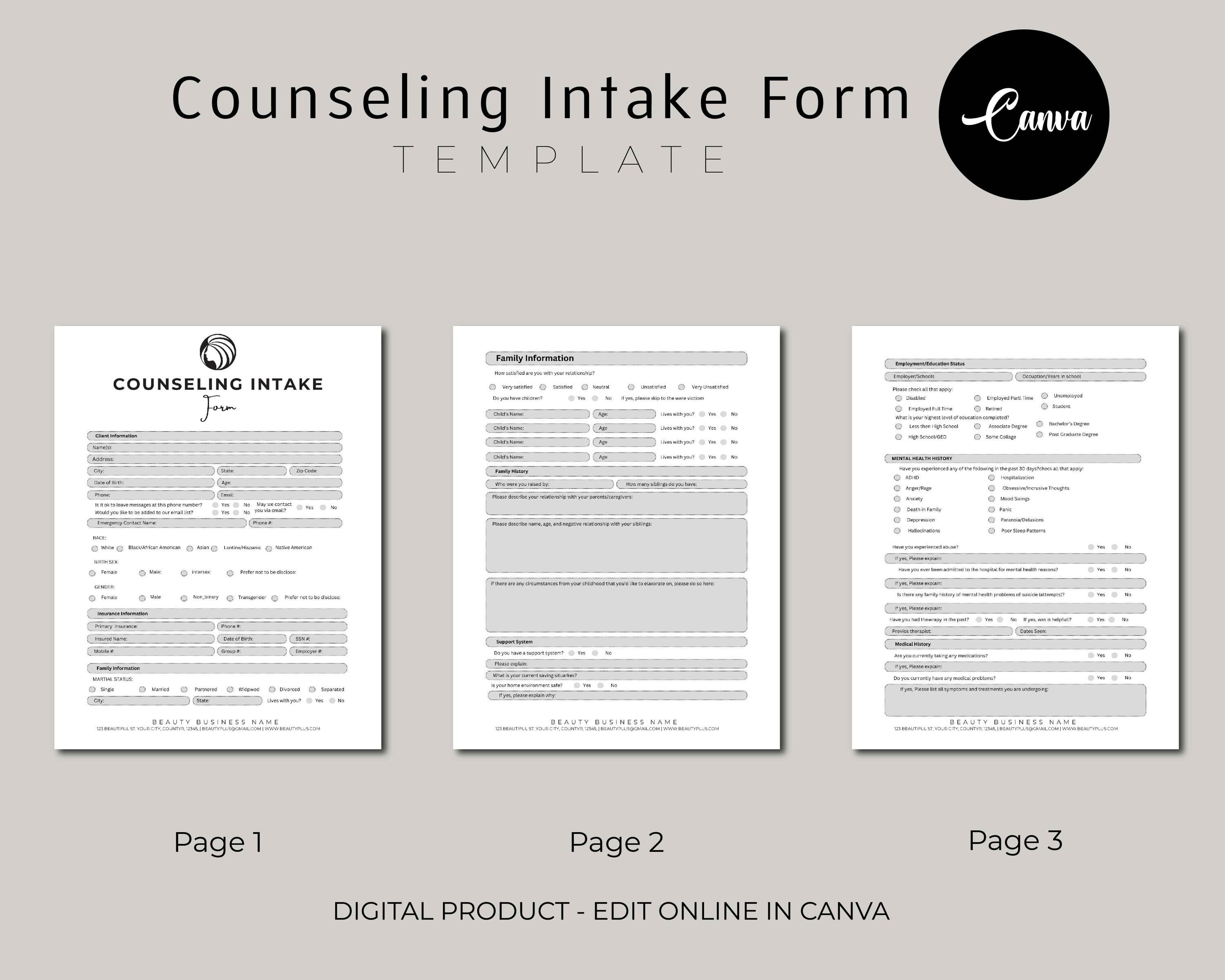 Counseling Intake Form, Mental Health Intake Form Template, Informed ...