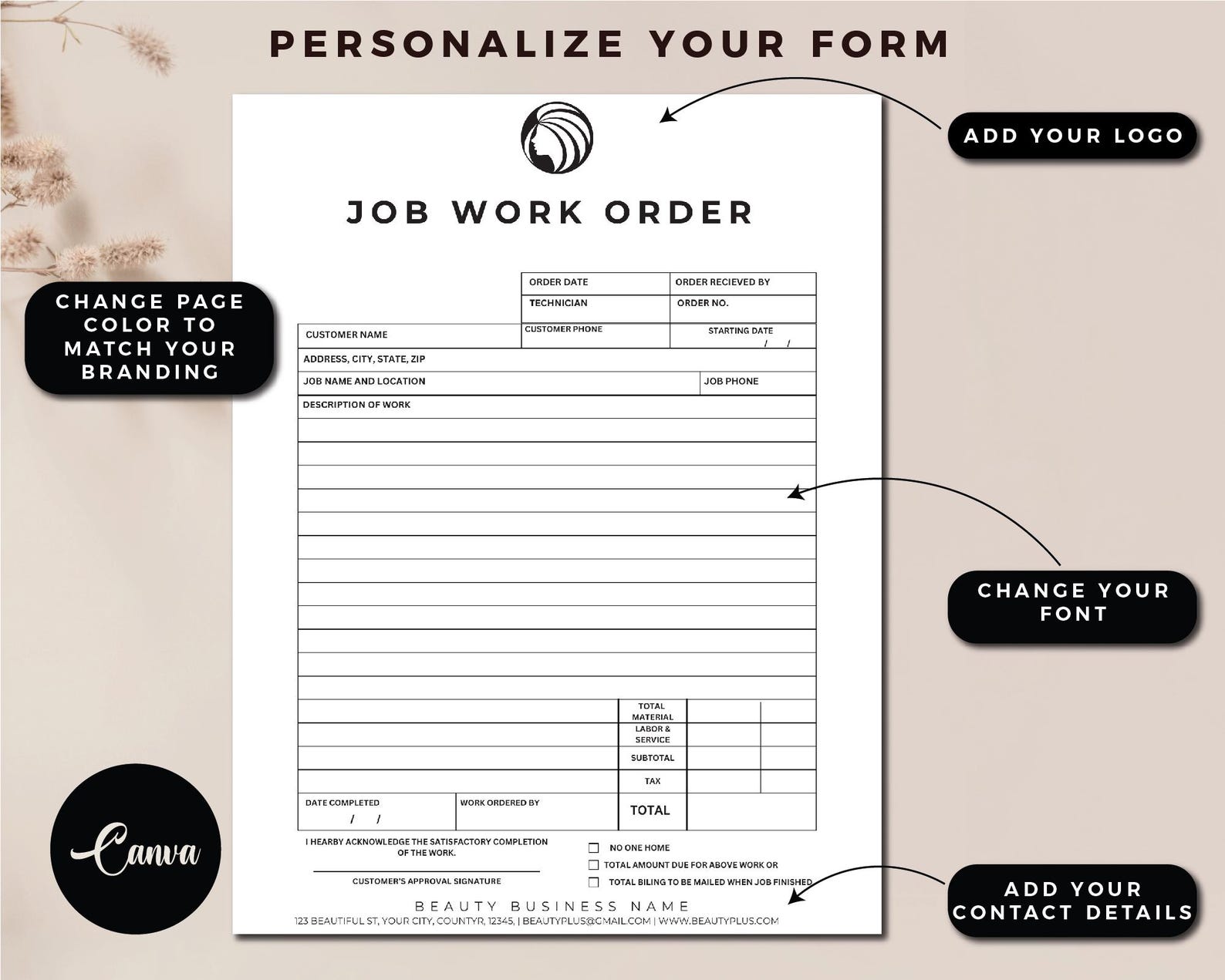 Editable Job Work Order Form, Business Job Work Order, Job Work Order ...