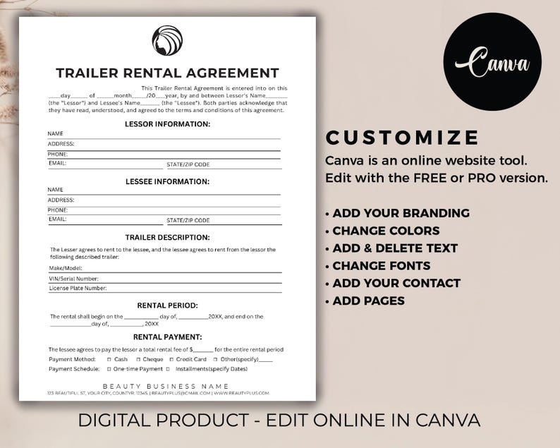 Editable Trailer Rental Agreement, Trailer Lease Contract, Dump Trailer ...