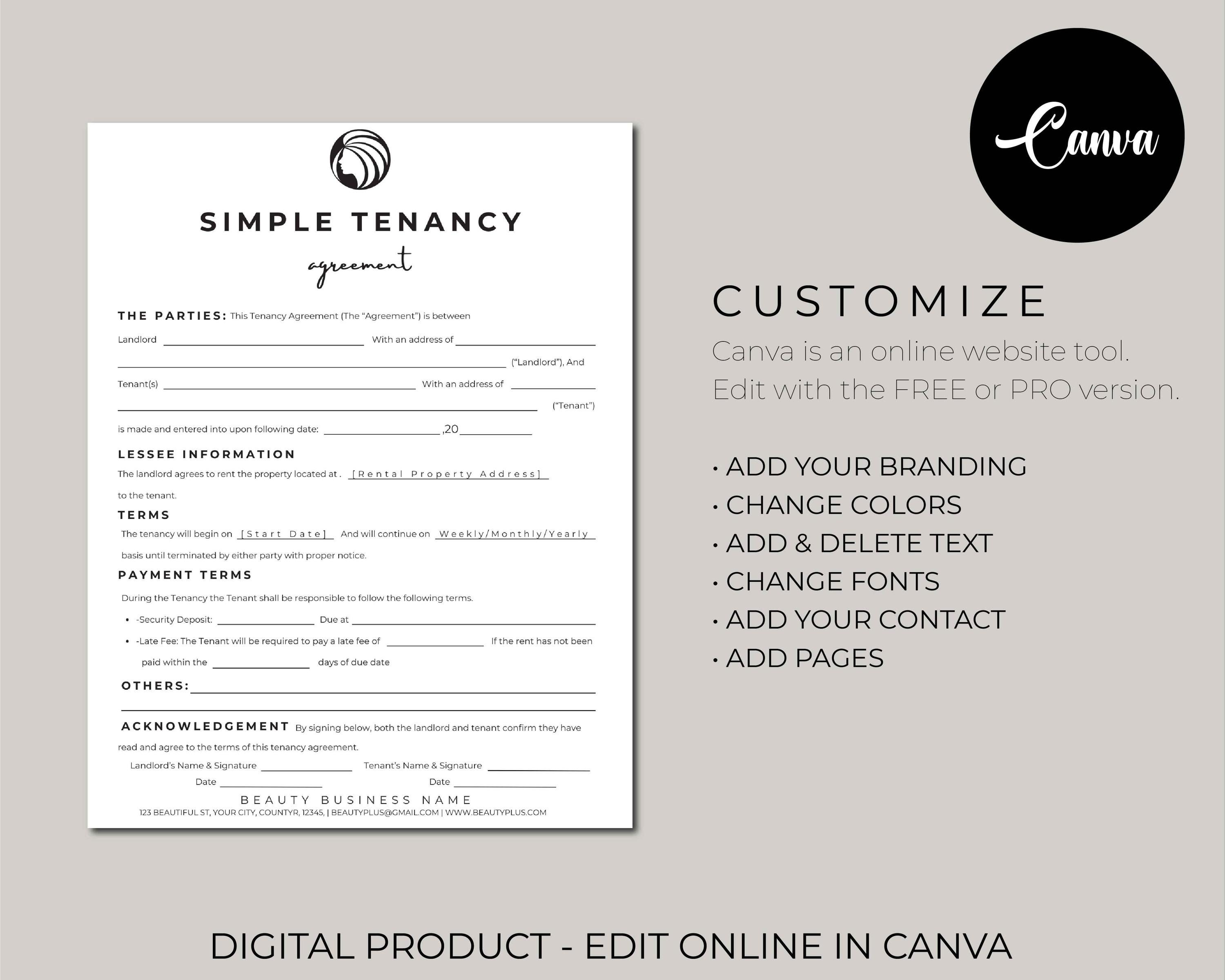 Simple Tenancy Agreement Template, Tenancy Agreement Template, Editable ...