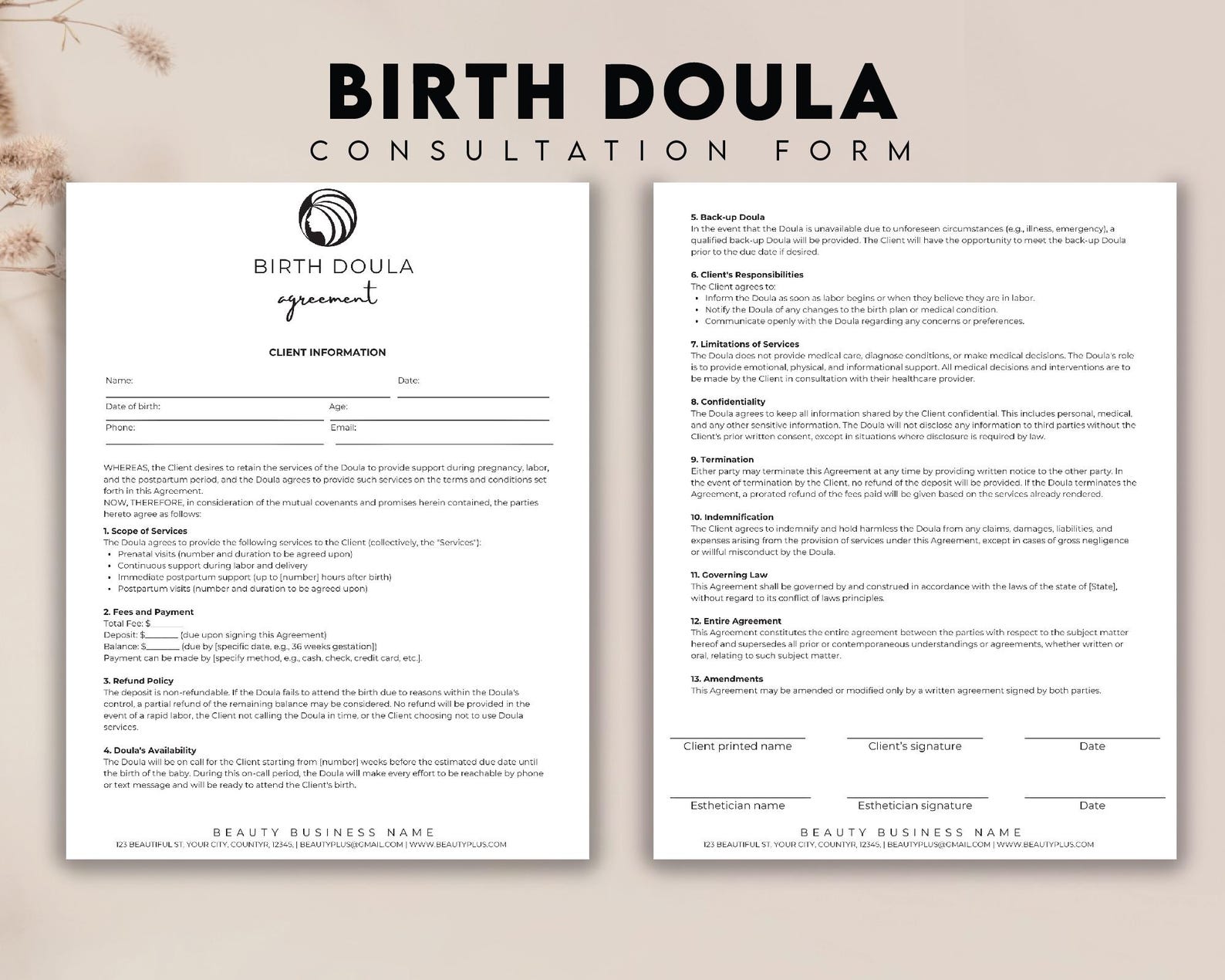 Doula Client Intake Forms Bundle, Birth Doula Contract Forms ...