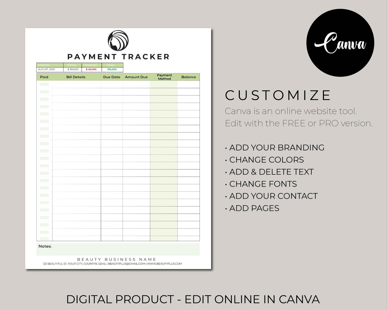 Payment Tracker Canva Template, Printable Client Payment History ...