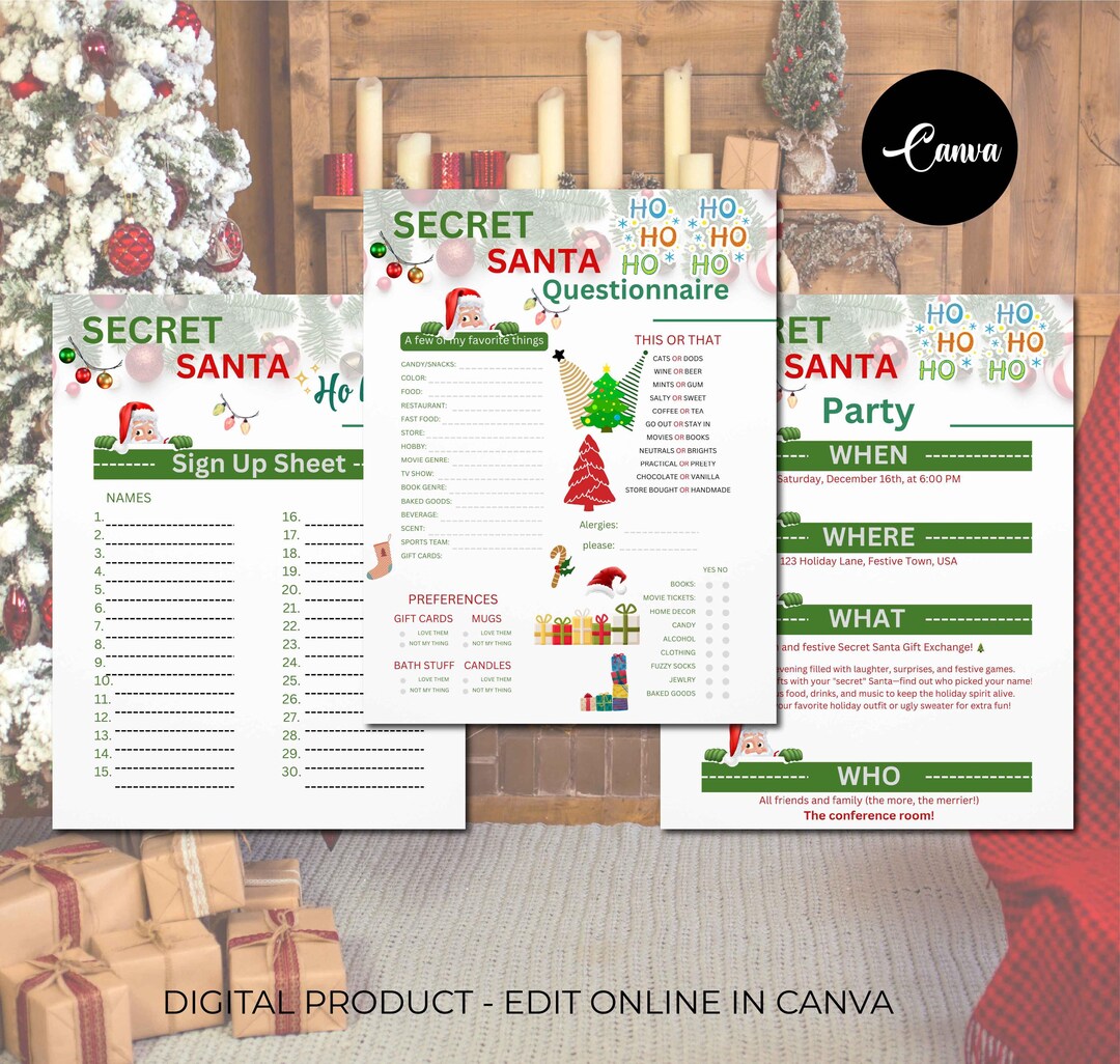 Secret Santa Questionnaire Editable, Canva Santa Questionnaires ...
