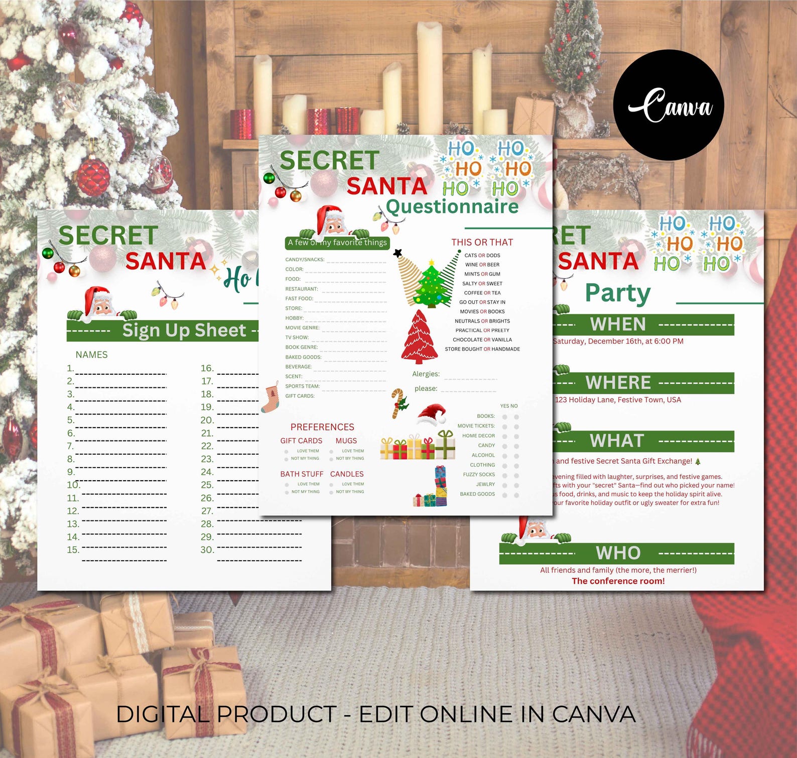 Secret Santa Questionnaire Editable, Canva Santa Questionnaires ...