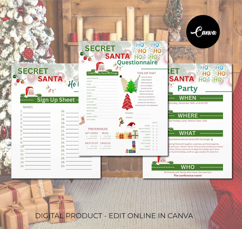 Secret Santa Questionnaire Editable, Canva Santa Questionnaires ...