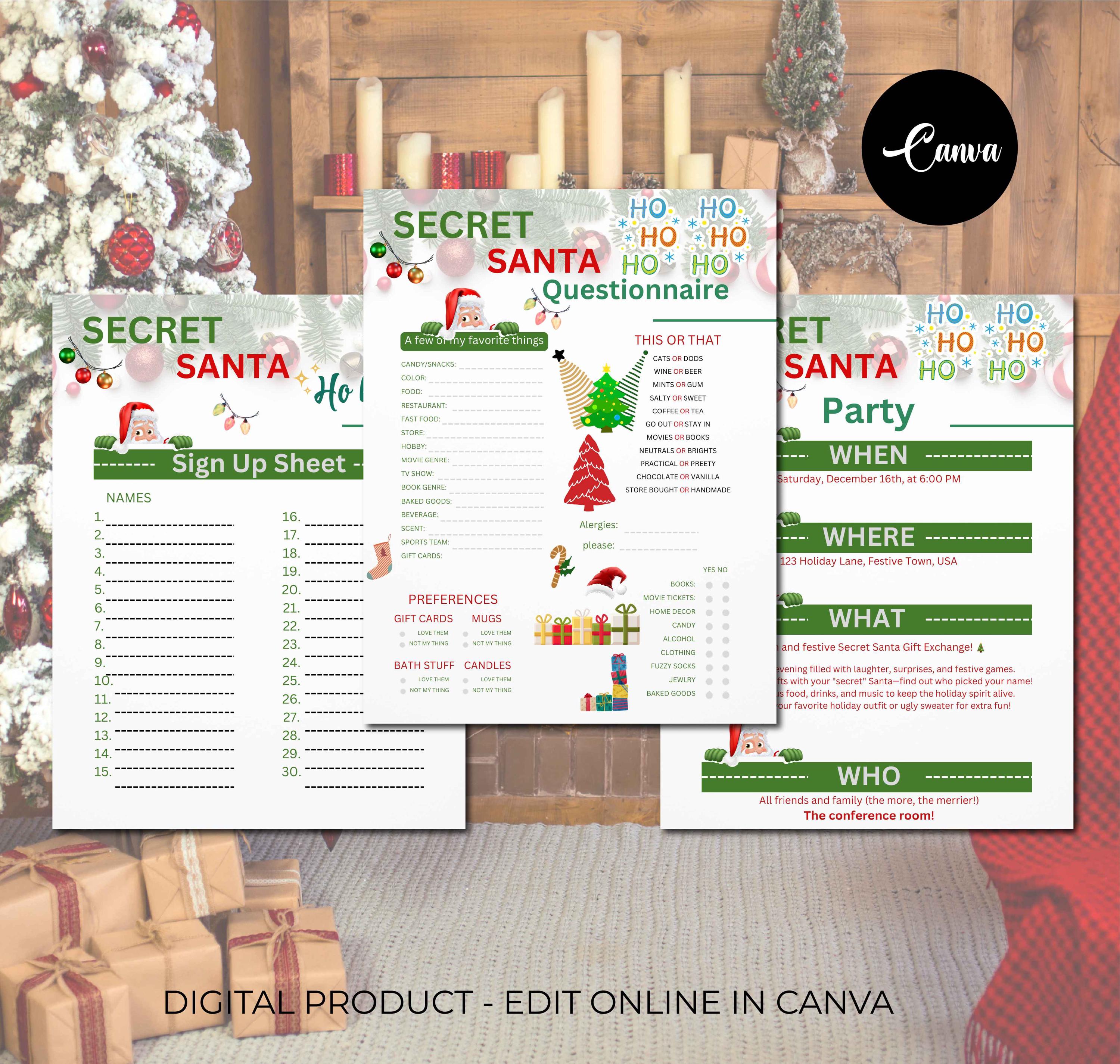Secret Santa Questionnaire Editable, Canva Santa Questionnaires ...