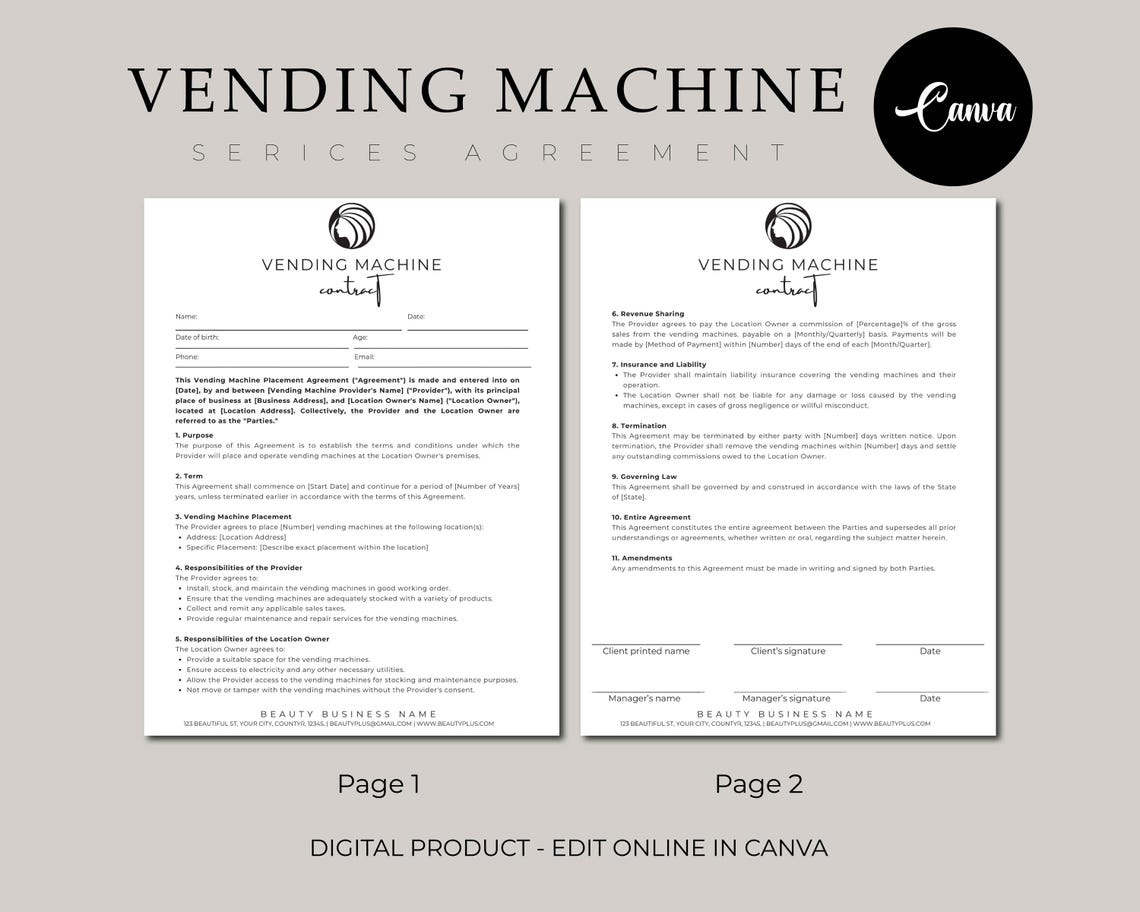 Professional Vending Machine Contract Template, Editable in Canva ...