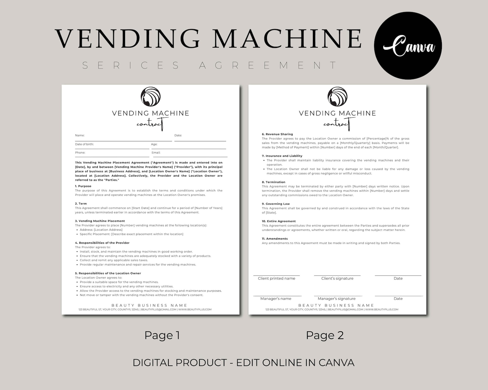 Professional Vending Machine Contract Template, Editable in Canva ...
