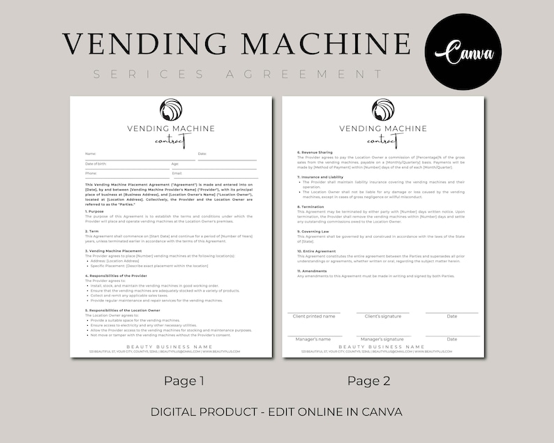 Professional Vending Machine Contract Template, Editable in Canva ...