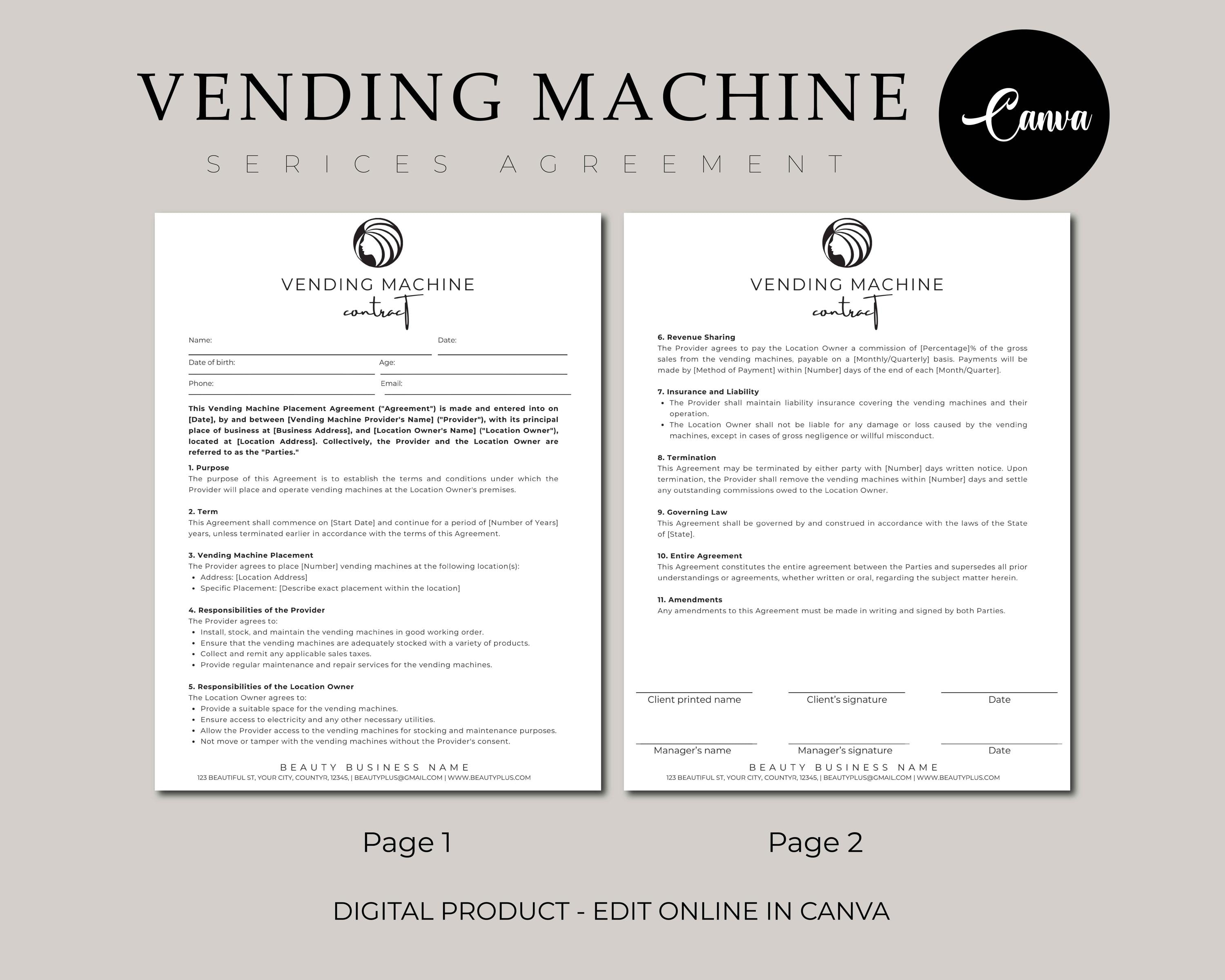 Professional Vending Machine Contract Template, Editable in Canva ...