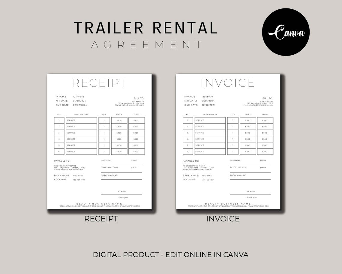 Trailer Rental Agreement, Canva Editable Contract, Trailer Lease ...