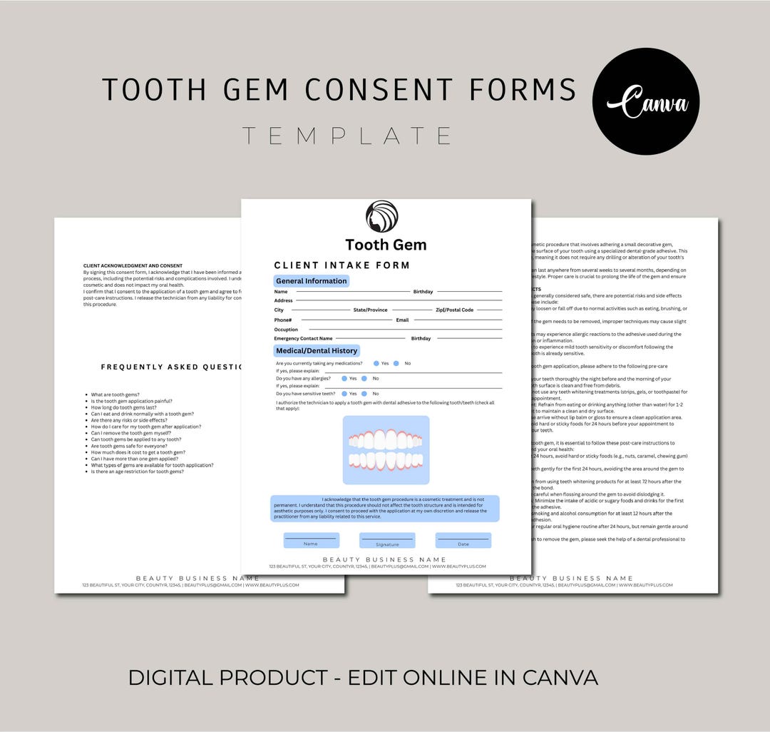 Tooth Gem Consent Form, Tooth Gem Waiver, Editable Tooth Gem Consent Froms, Esthetician Forms ...