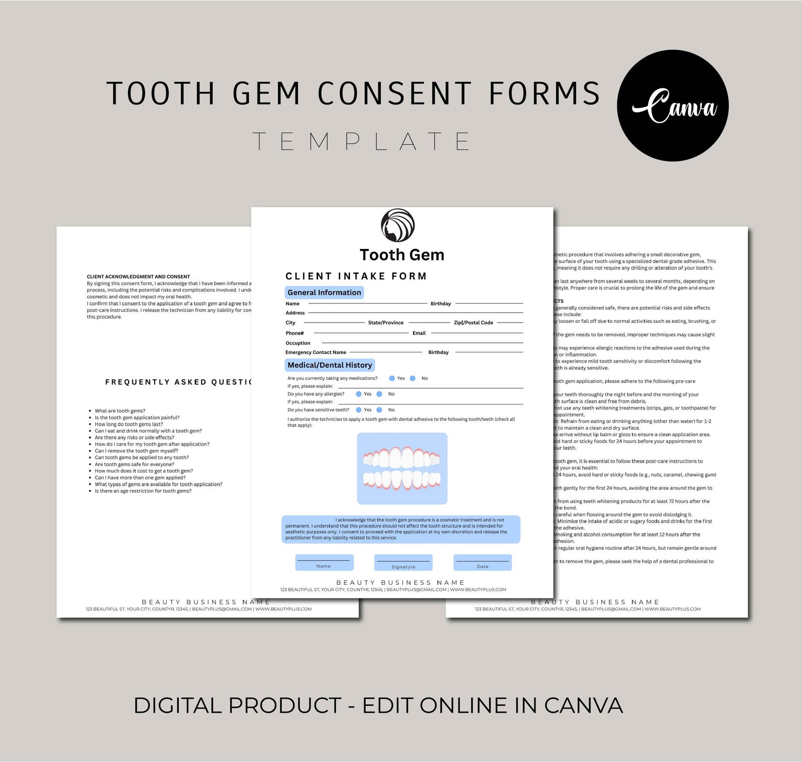 Tooth Gem Consent Form, Tooth Gem Waiver, Editable Tooth Gem Consent ...