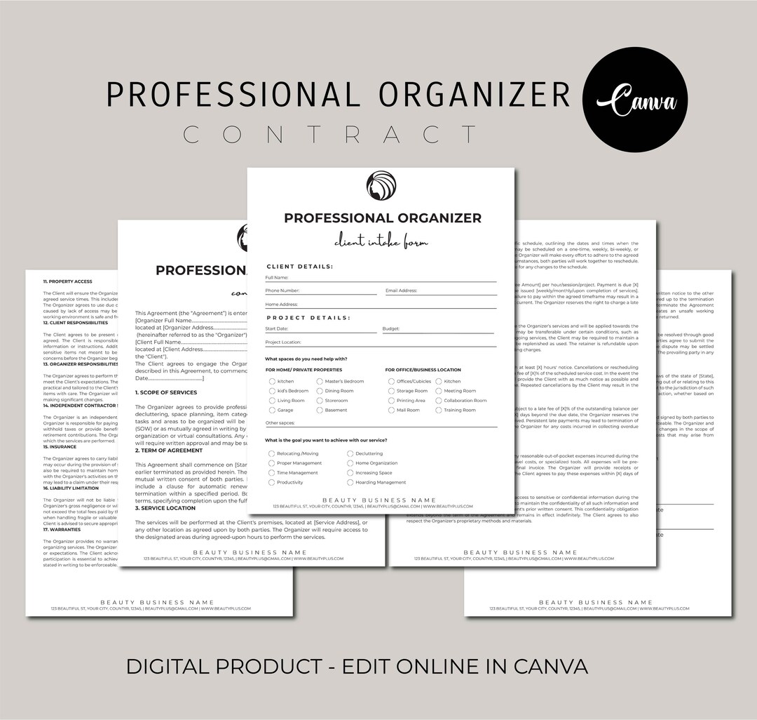 Editable Professional Organizer Contract Template, Organizing Service ...