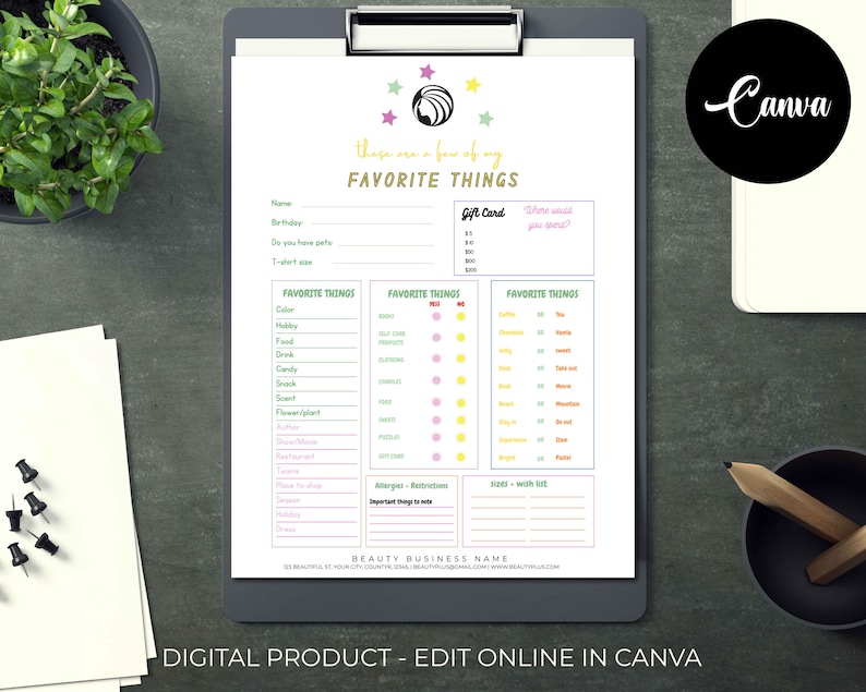 Editable My Favorite Things List, Employee Favorite Things Survey ...