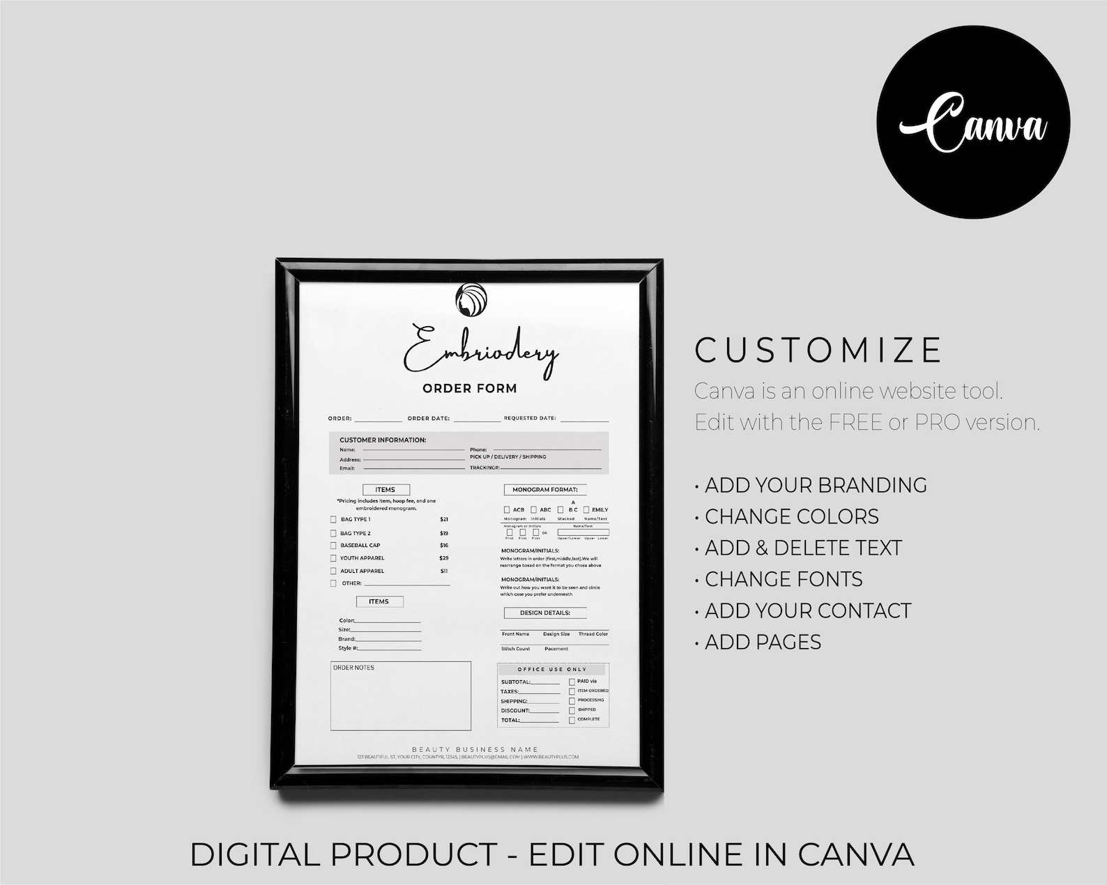 Embroidery Order Form Template, Embroidery Order Contract, Custom ...
