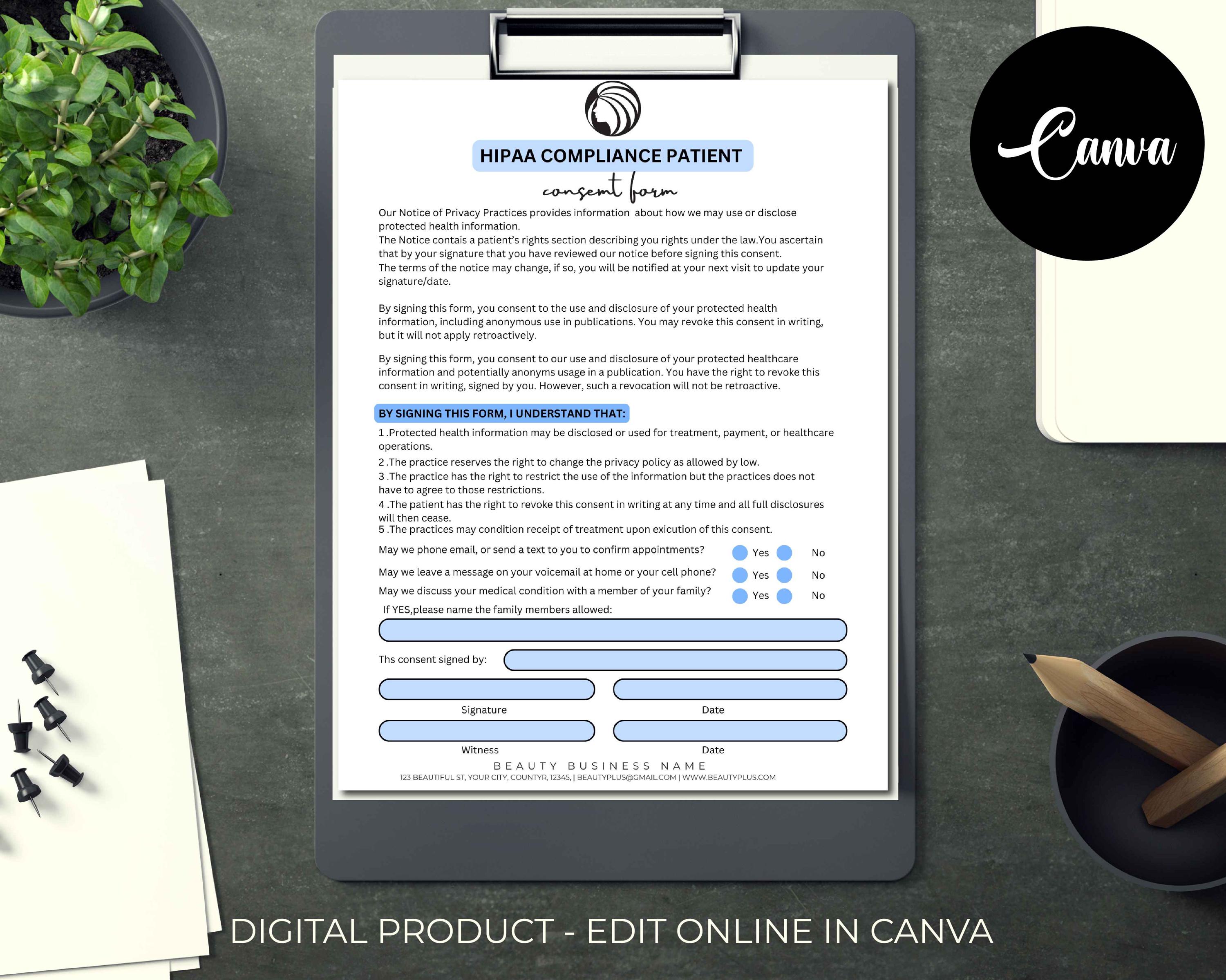 Editable HIPAA Consent Form Template, Medical Consent, New Patient Form ...